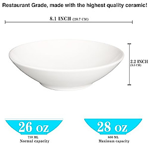 Creativity Home Pasta Bowls 28 OZ, Large Salad Bowls and Serving Bowls, Soup Bowl, Ceramic Pasta Plates, Set of 4, White 8.1 Inch