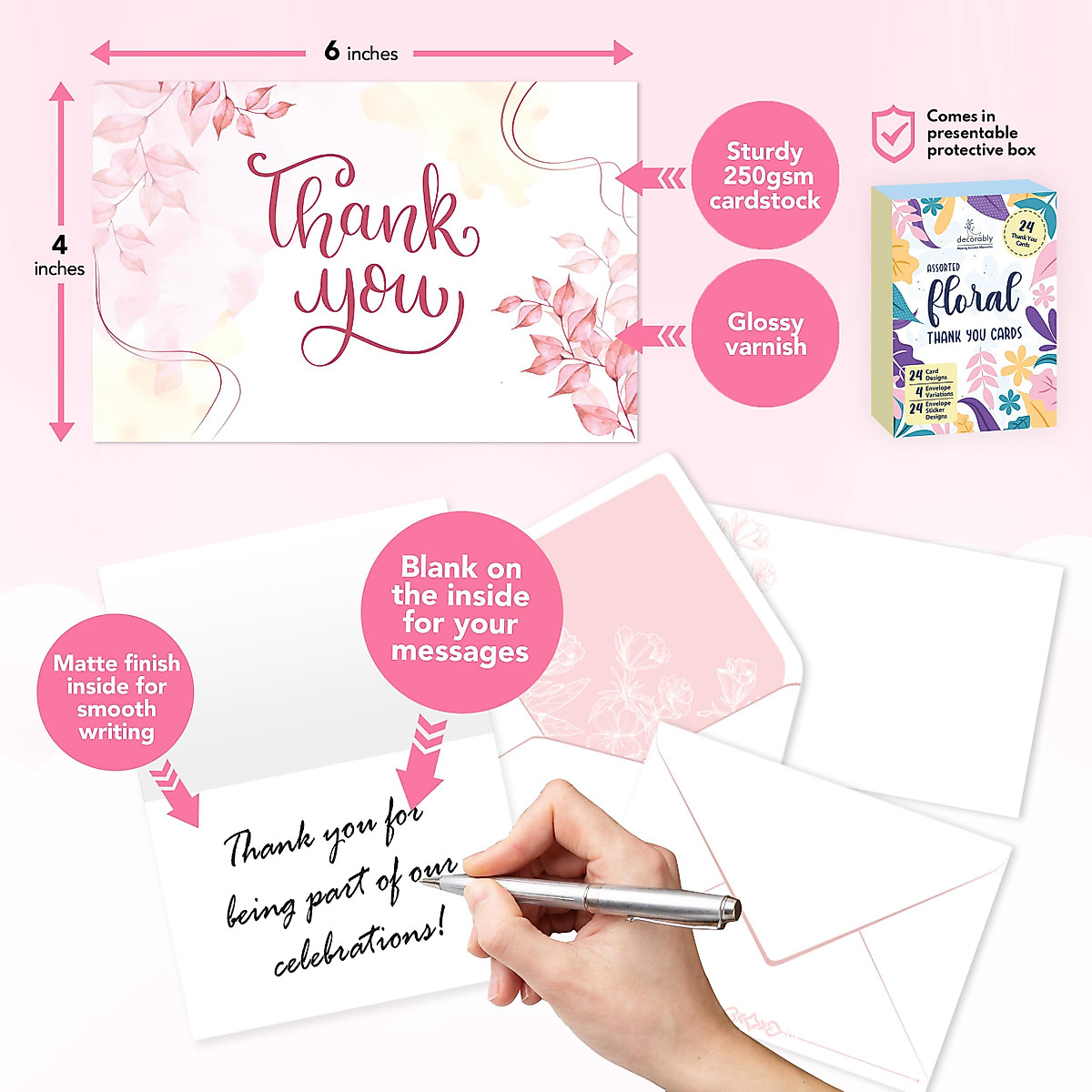 Decorably 24 Pack Assorted Thank You Cards with Envelopes & Stickers, 24 Unique Designs Blank Inside Variety Thank You Cards with Envelopes, 6x4in box of Thank You Cards Assorted
