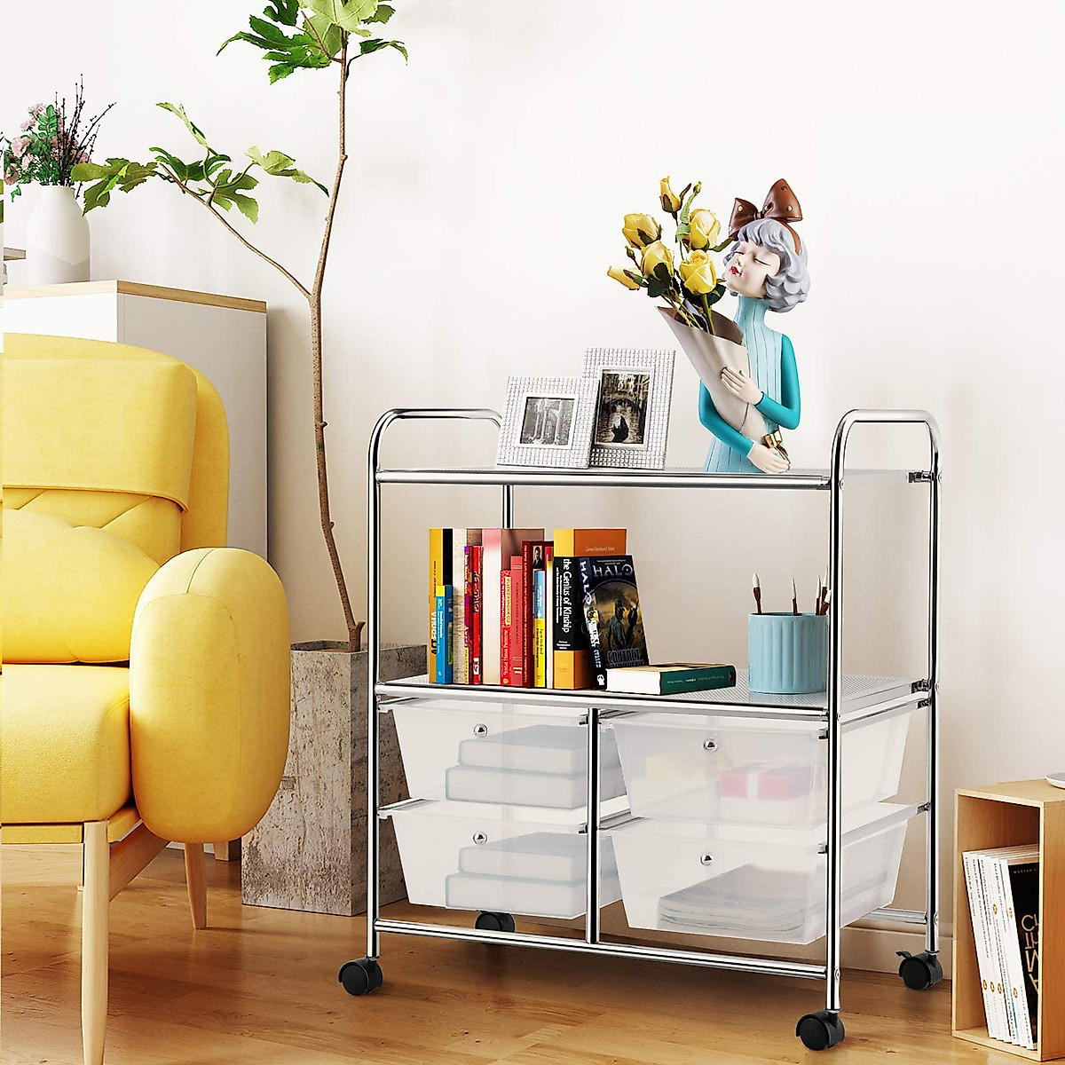 RELAX4LIFE Storage Cart W/Four Drawers, Wheels and Two Shelves, Stable Steel Frame Craft Cart for Office,Home, Make Up Storage and Files Arrangement Storage Cart Organizer (Clear)