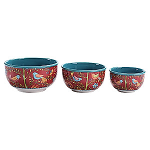 Bico Red Spring Bird Ceramic Bowl with Air Tight Lid Set of 3(27oz, 18oz, 9oz each), Prep bowls, Food Storage Bowl for Salad, Snacks, Fruits, Microwave and Dishwasher Safe