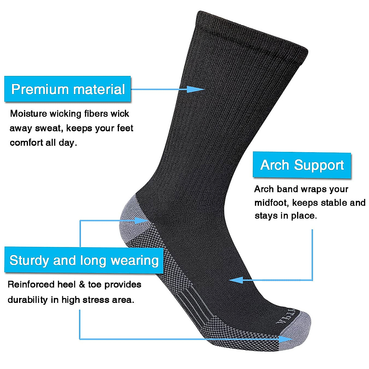 APTYID Men's Moisture Wicking Cushioned Crew Work Boot Socks, Size 9-12, Black, 6 Pairs
