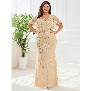 Ever-Pretty Women's V-Neck Sparkly Embroidery Formal Dresses Plus Size Sequin Mother of The Bride Dresses Gold US18