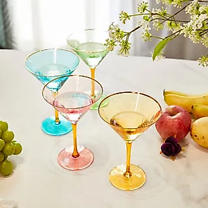 Crystal Martini Glasses Colored - Set of 4 - Stemmed Multi-Color Glass, Great for all Drink Types and Occasions - Luxury, Durable, Hand-Blown Vintage Art Deco Coupe for Champagne, Martini, Cocktails