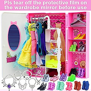 ZITA ELEMENT 34 Pcs 11.5 Inch Girl Doll Closet Wardrobe Set for 11.5 Inch Girl Doll Clothes and Accessories - Including Handbag Style Closet, Dresses, Swimsuits, Shoes, Hangers and Necklaces