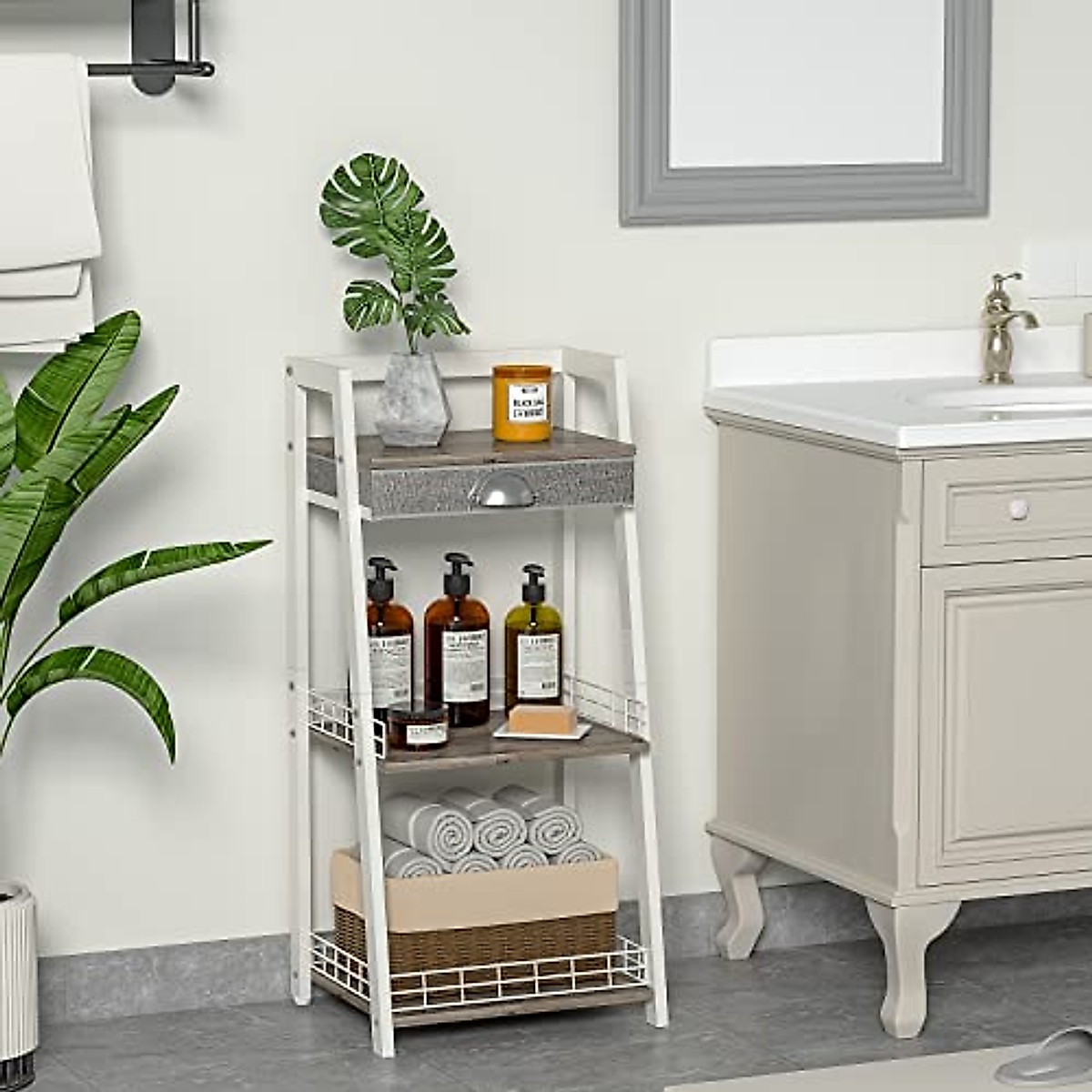 keomaisyto 3-Tier Bathroom Ladder Shelf, Bathroom Floor Storage Shelf with Drawer, Freestanding Tower Shelf, Open Shelving Unit for Bathroom Living Room Balcony