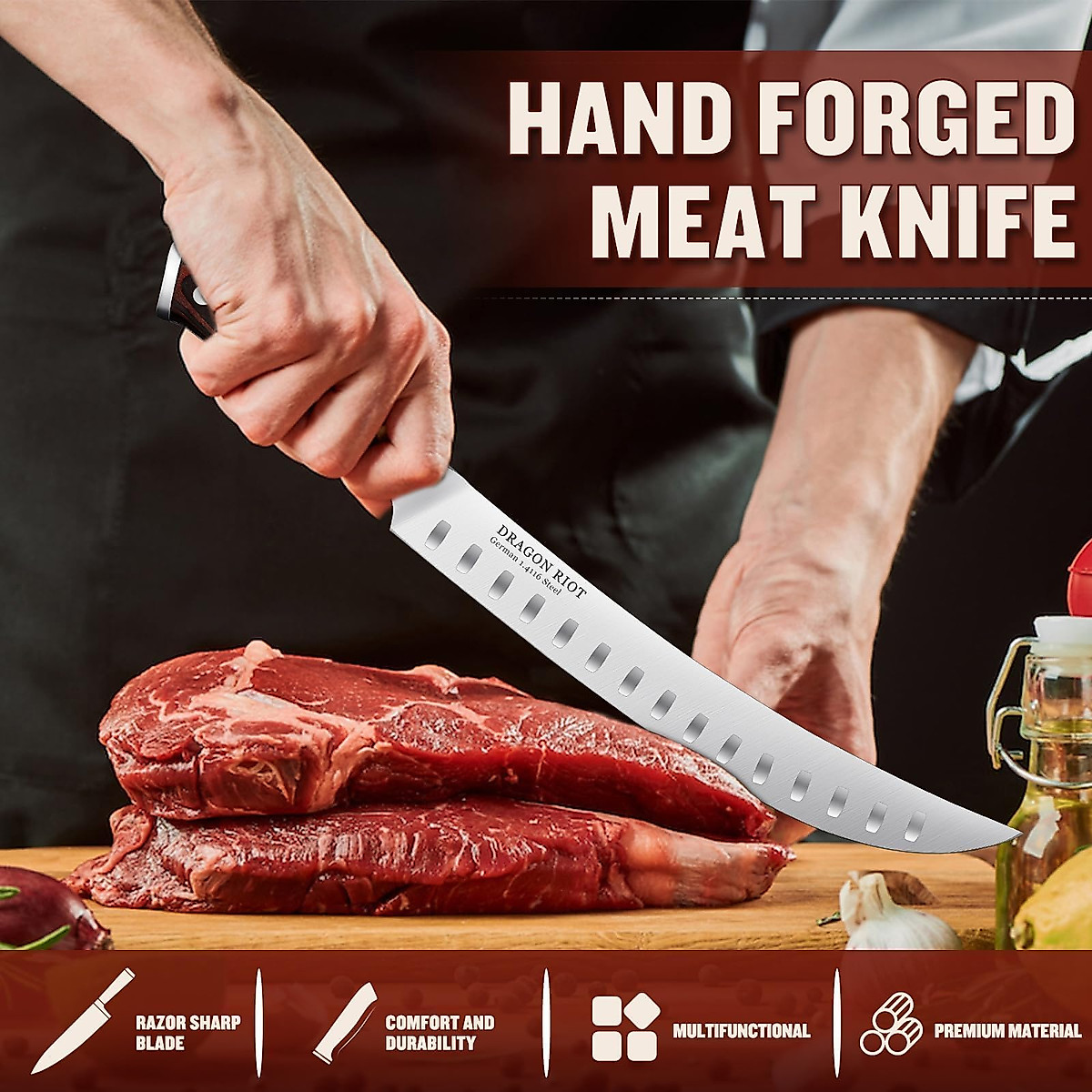 DRAGON RIOT 10 inch Premium Brisket Carving Knife, Razor Sharp Brisket Knife with Ergonomic Handle Design, Granton Edge, Hand Forged Slicing Knife for Meat and BBQ Cuting Gift for Men