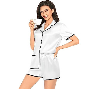SWOMOG Womens Silk Satin Pajamas Set Two-piece Pj Sets Sleepwear Loungewear Button-Down Pj Sets White
