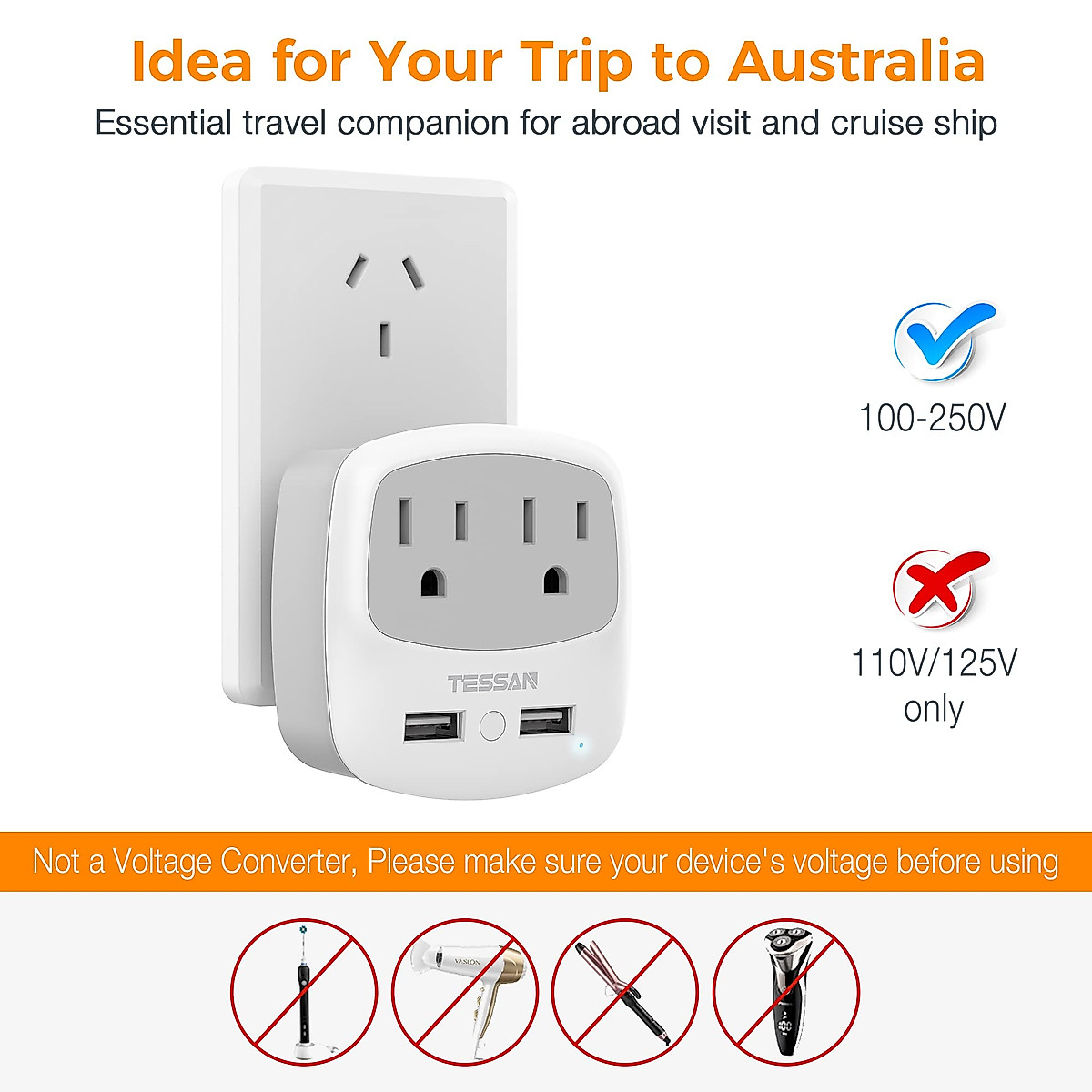 TESSAN New Zealand Australia Power Plug Adapter, Type I Travel Adaptor with 2 USB Ports 2 American Outlets, US to Australian AU Fiji Argentina China Charger Plug Converter