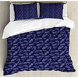 Lunarable Space Duvet Cover Sets, Fired Rockets and Spaceships in Galaxy Stars Nightfall Aliens Universe, Bedding Set with 2 Duvet Covers & 4 Pillowcases, 2 Pack Queen Size, Navy Blue and Coconut