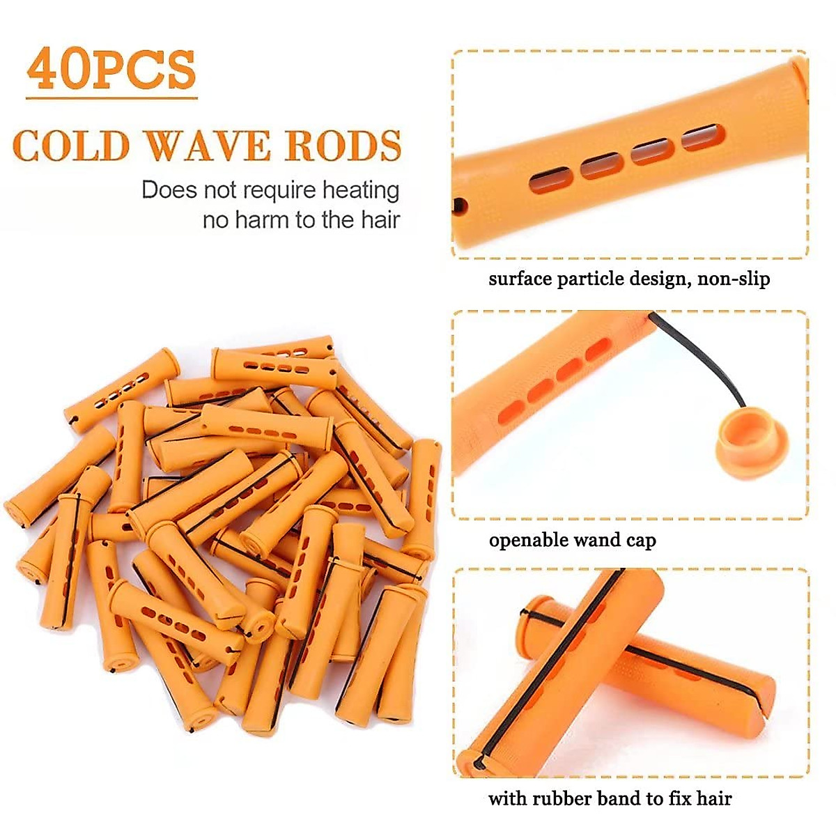 40pcs Cold Wave Perm Rods Set for Women's Long & Short Natural Hair - Plastic Orange Rollers for Curling and DIY Hairdressing