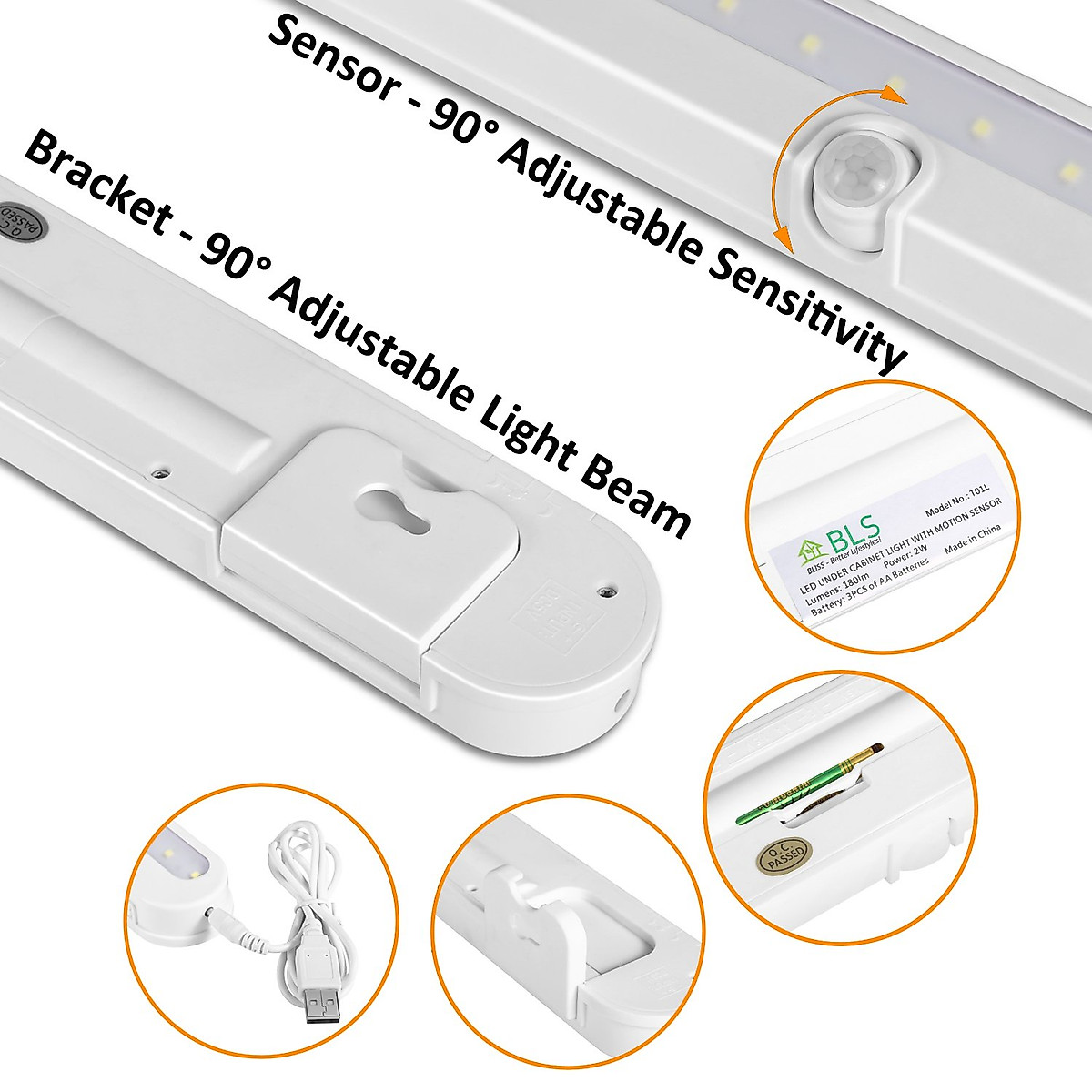 BLS T01L LED Closet Light Super Bright 20 LED Under Cabinet Lighting Battery Powered / DC Input Wireless Motion Sensing Light, Auto On Off Switch, Motion Sensor & Light Sensor, Light Beam Adjustable