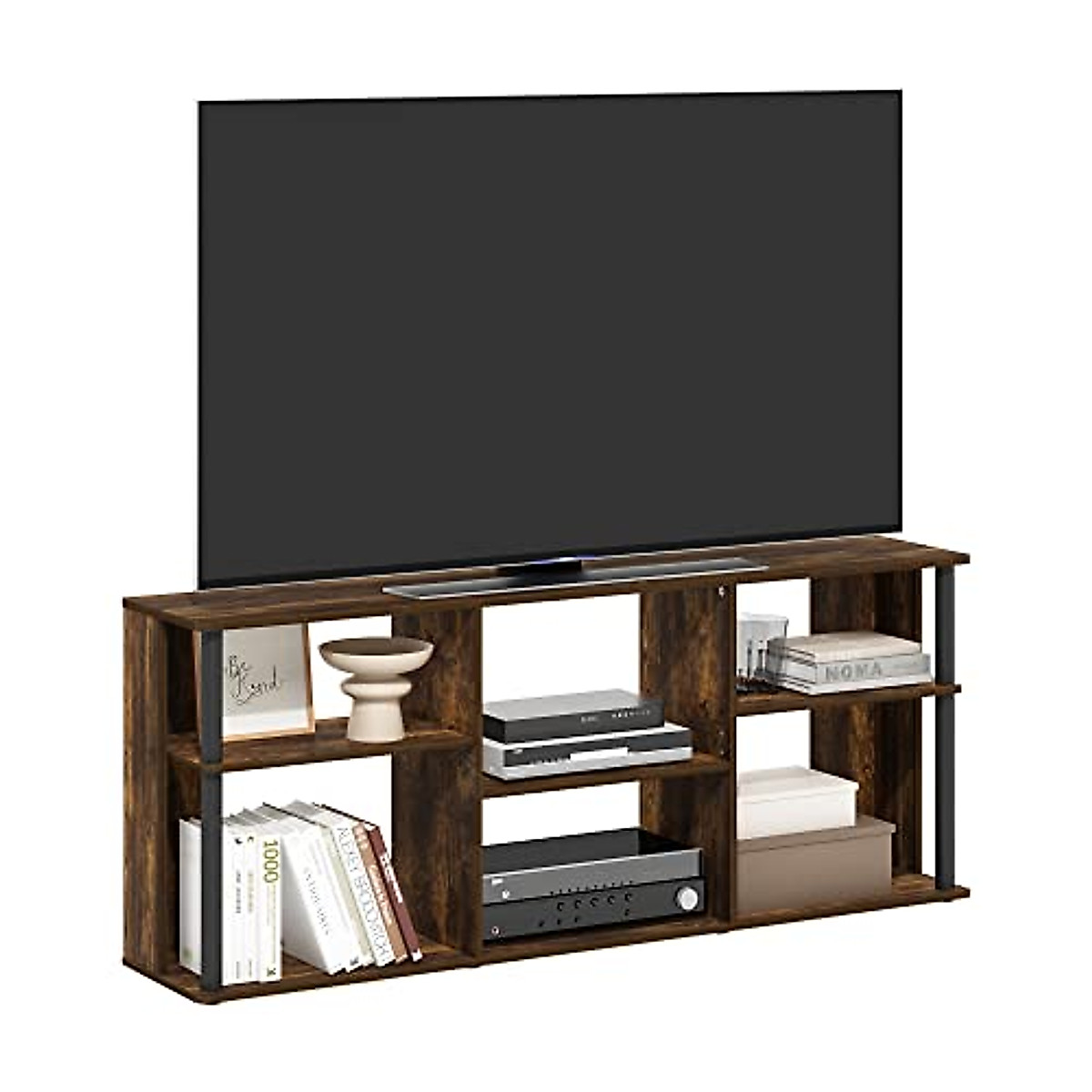 Furinno Classic Stand with Plastic Poles for TV up to 65-Inch, Amber Pine/Black