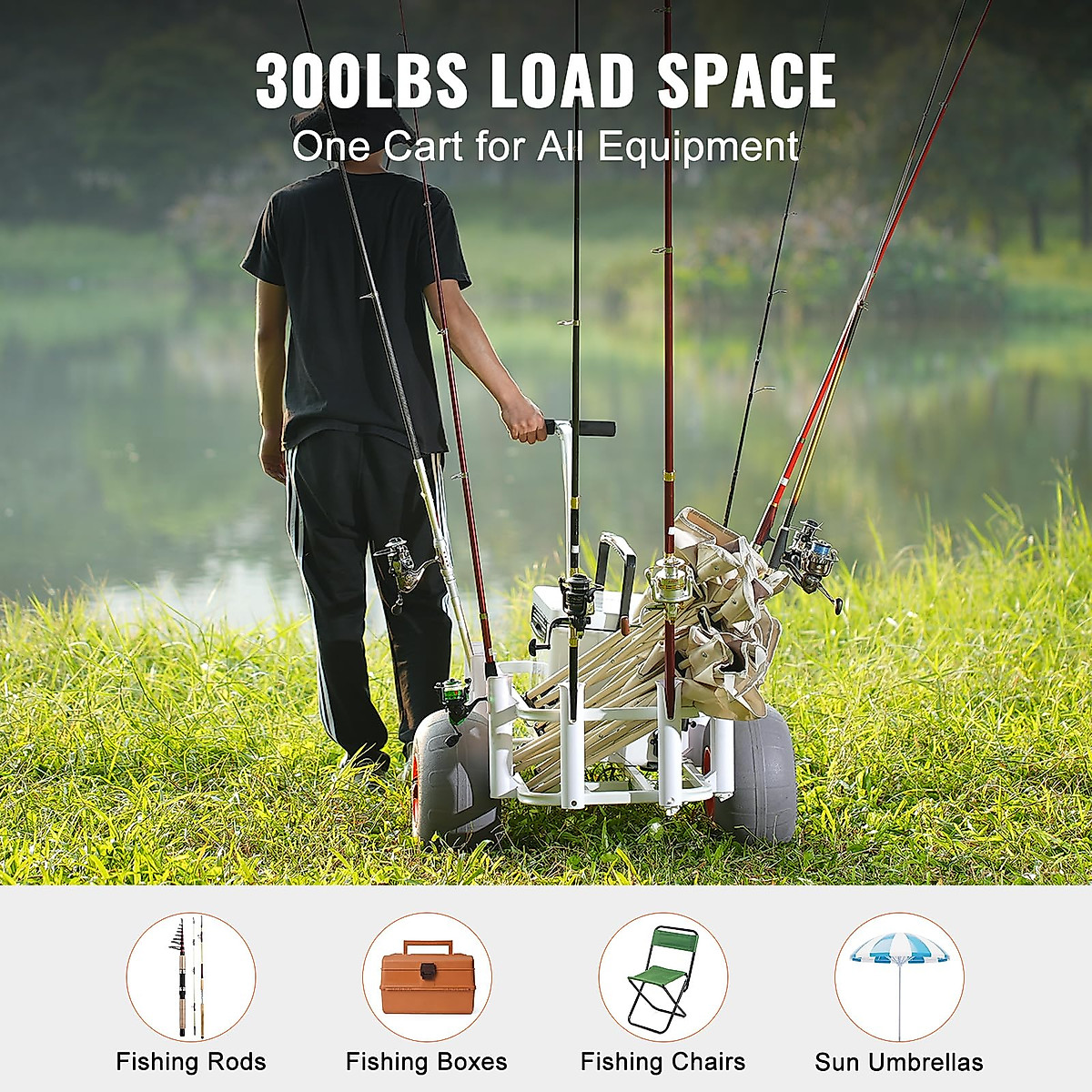 VEVOR Beach Fishing Cart, 300 lbs Load Capacity, Fish and Marine Cart with Two 13" Big Wheels PU Balloon Tires for Sand, Heavy-Duty Aluminum Pier Wagon Trolley with 8 Rod Holders for Fishing, Picnic