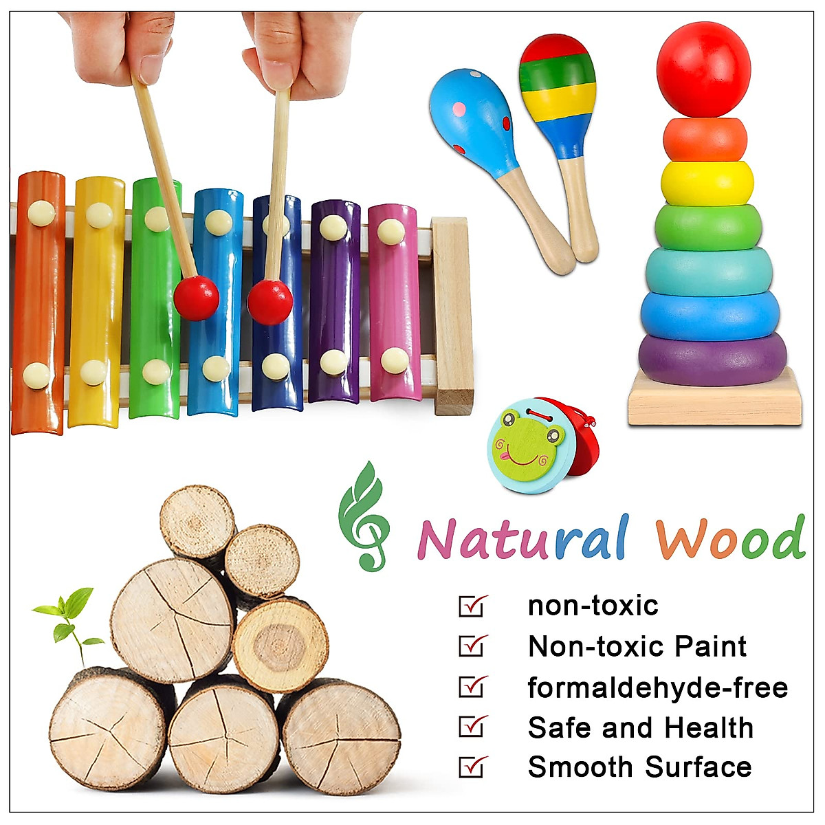 LOOIKOOS Toddler Musical Instruments Set Wooden Percussion Instruments Toy for Kids Baby Preschool Educational Musical Toys for Boys and Girls with Storage Bag