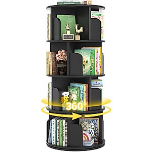 Besiost Rotating Bookshelf, Wood Corner Bookshelf, 360 Display Spinning Bookcase Storage Rack, 4 Tier Floor Standing Revolving Bookcase Narrow Book Shelf Organizer for Small Space, Bedroom, Black