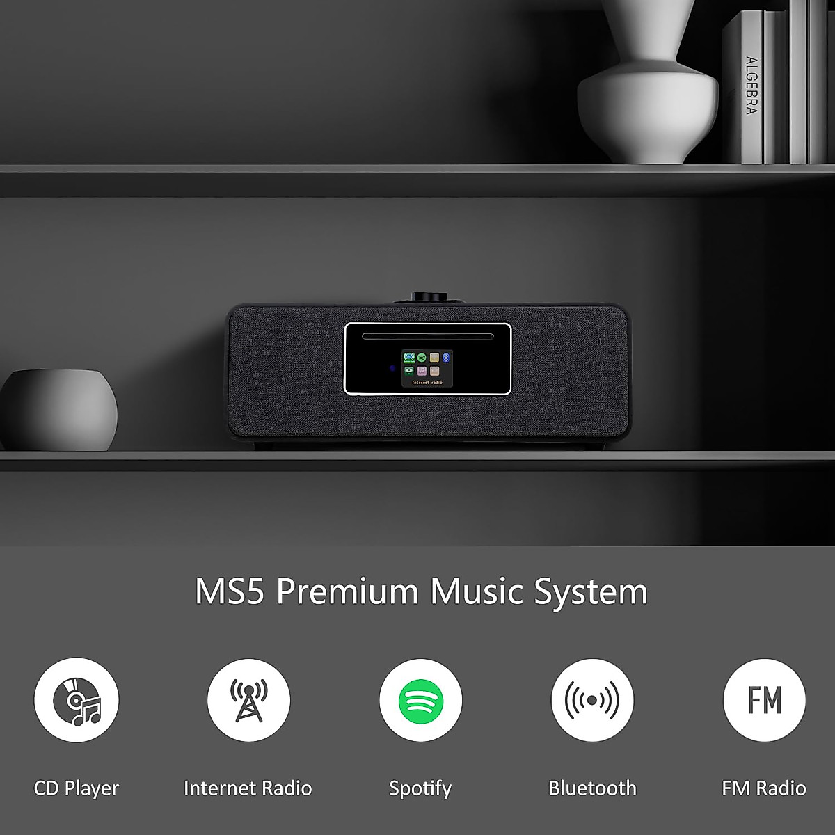 MS5 CD Player,FM Digital Radio,WiFi Internet Radio,Spotify Connect,Bluetooth Speaker,Dual Alarms Clock,USB Charging,Colour Display,Remote Control (Black Oak)