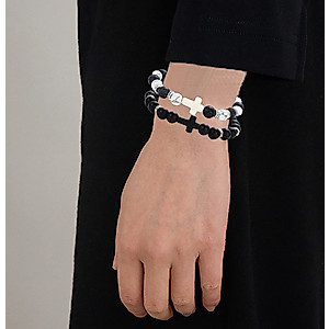 Svovin 12Pcs Fashion Religion Cross Men Women 8mm Natural Stone Lava Tiger Eye Stretch Anxiety Bracelets Unisex 7.5"