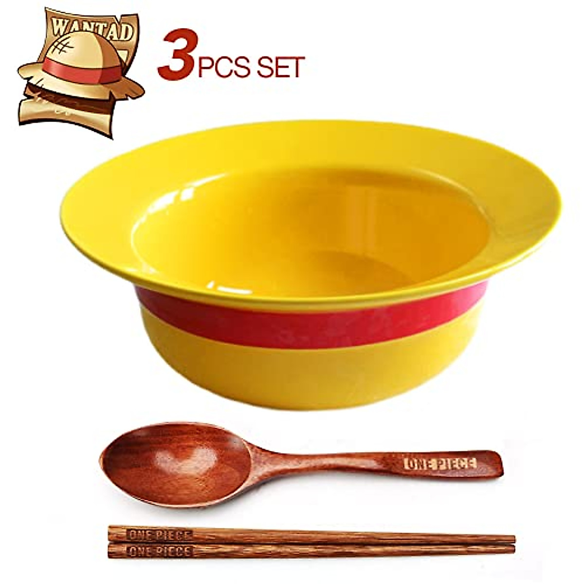 shiningsoul 3 PCS ONEPIECE Luffy Straw Hat Ramen Bowl Set Anime (Straw Hat Ceramic Bowl + Wooden spoon + Chopsticks) Dishwasher & Microwave Safe - Good Gift for Anime Fans