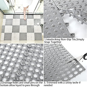 12 Pack 11.8" x 11.8" Interlocking Floor Tiles with Drain Holes Soft PVC Non Slip Shower Floor Mat Modular Interlocking Cushion Mat for Drain, Pool, Patio, Balcony, Kennel, Poultry, Floor Grid, Grey