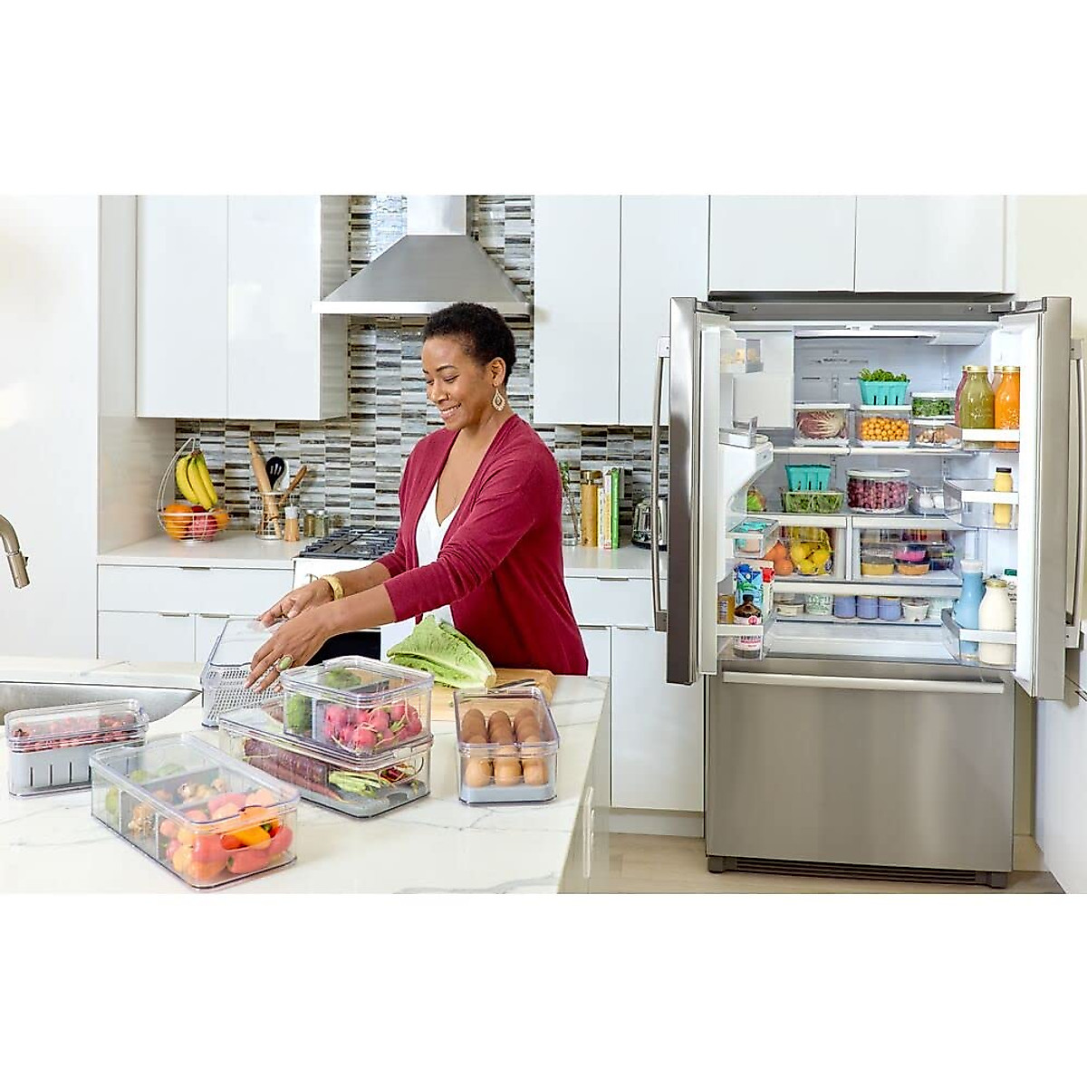 iDesign Crisp Produce Plastic Refrigerator and Modular Stacking Pantry Bin with Lid and Removable Inner Basket, Perfect for Washing Vegetables, Fruit, Lettuce, BPA Free 15.72" x 6.32" x 3.76"