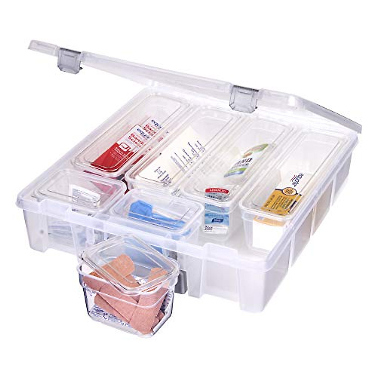 AB Designs 6967ABD Super Satchel with 9 Mixed Bins Inside Stackable Home Storage Organization Container, Clear with Sliver Latches and Handle, w/Long