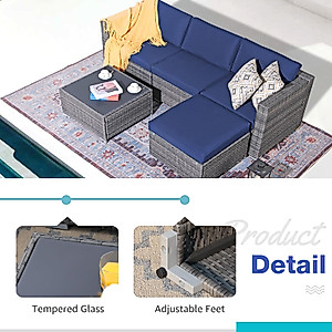 Patiorama 3-Piece Patio Furniture Set, Outdoor Sectional Sofa, All-Weather Grey PE Wicker Rattan Conversation Set, Outdoor Couch Loveseat Sofa w/Coffee Table for Deck Balcony Pool(Navy Blue Cushion)