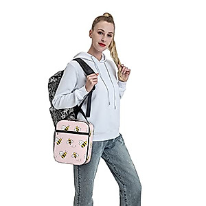 BQIUULO Cute Bees on Pink Lunch Bag for Men Women Tote Insulated Cooler Bags Reusable Lunch Box for College Work Office Picnic