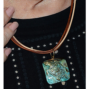 Elaine Coyne Collectible Artwear Verdigris Patina Solid Brass Large Sea Turtle Pendant on Triple Rawhide - USA Made