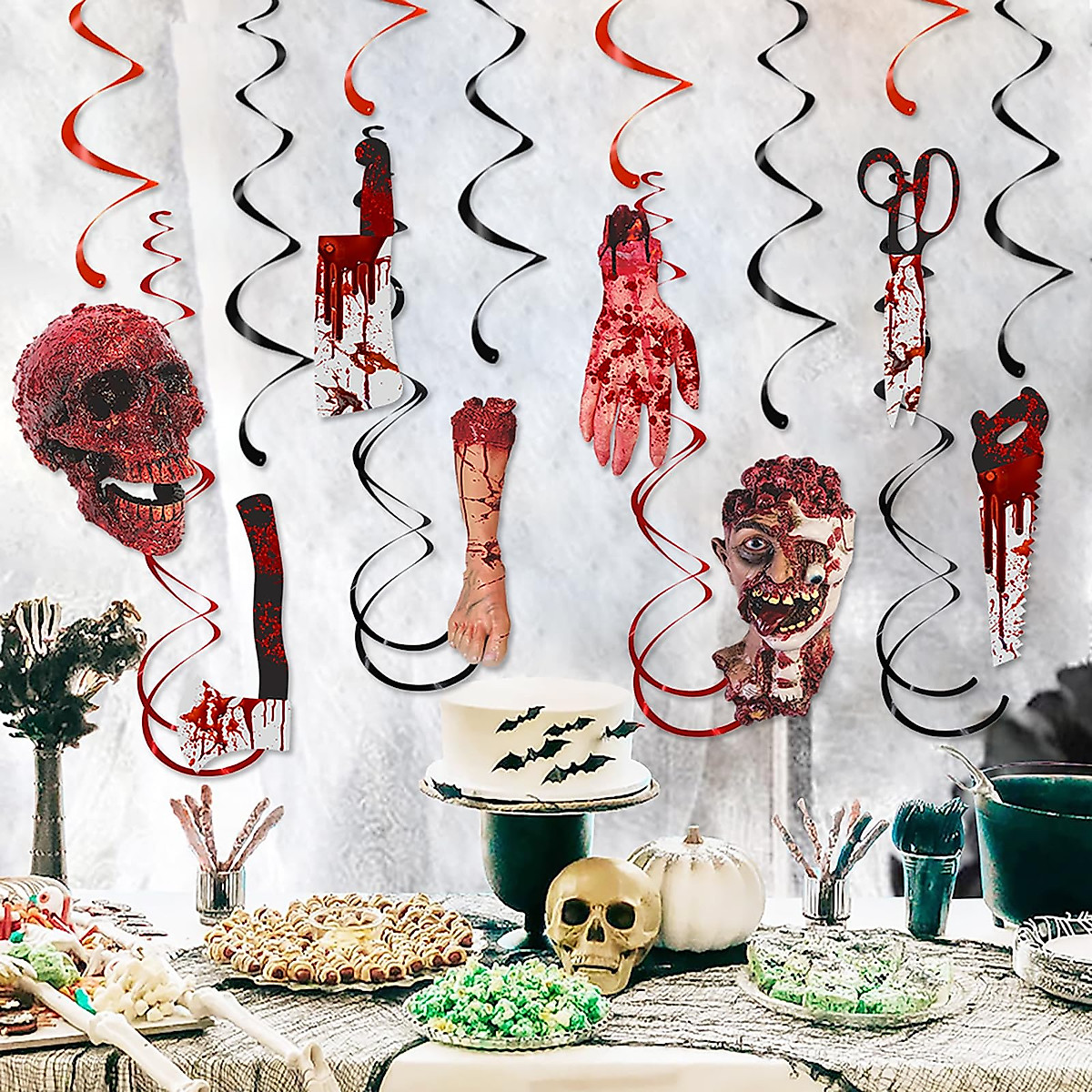 Halloween Bloody-Scary Indoor-Outdoor Party-Decoration Garland - 12pcs Creepy Skulls Zombie Skeleton Haunted House Swirl Streamers Banner,Window Fireplace Classroom Hanging Decor Lasting Surprise…