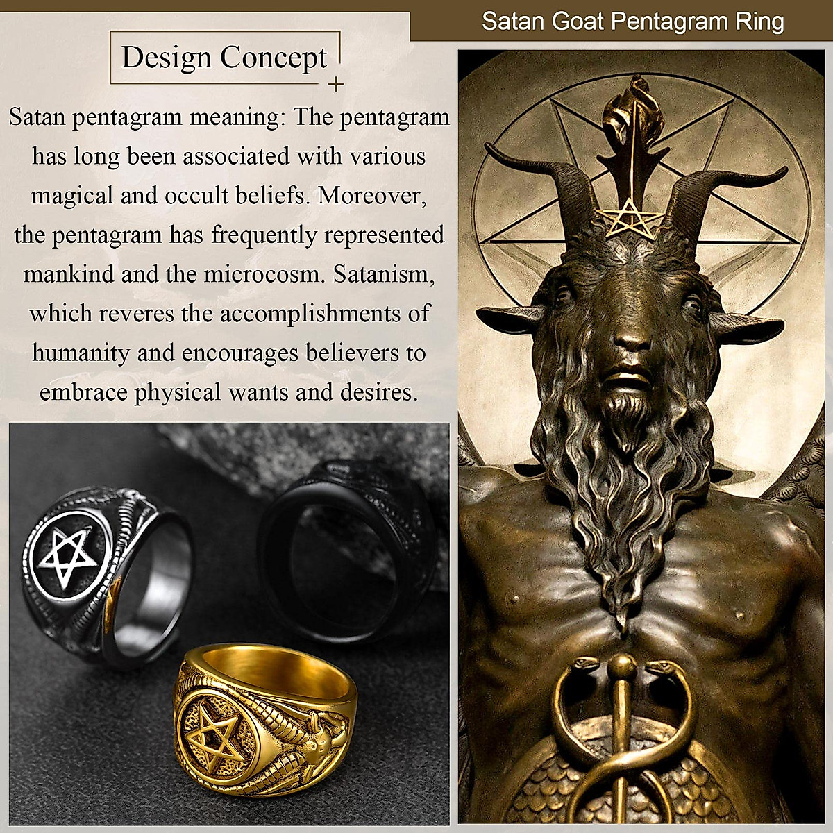 Baphomet Goat Biker Signet Rings Women Black Stainless Steel Satan Inverted Pentacle Pinky Finger Jewelry