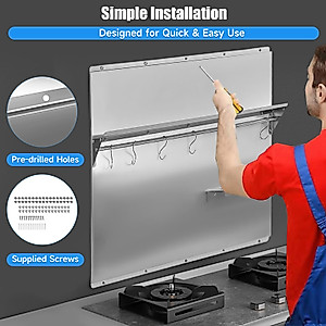 Range Backsplash with Shelf 30 x 30.7 Inch Range Hood Wall Shield Max. 66.14 lbs Load Capacity Stainless Steel Backsplash with Built-in Storage Shelf and Hanging Rack for Kitchen Home Restaurant