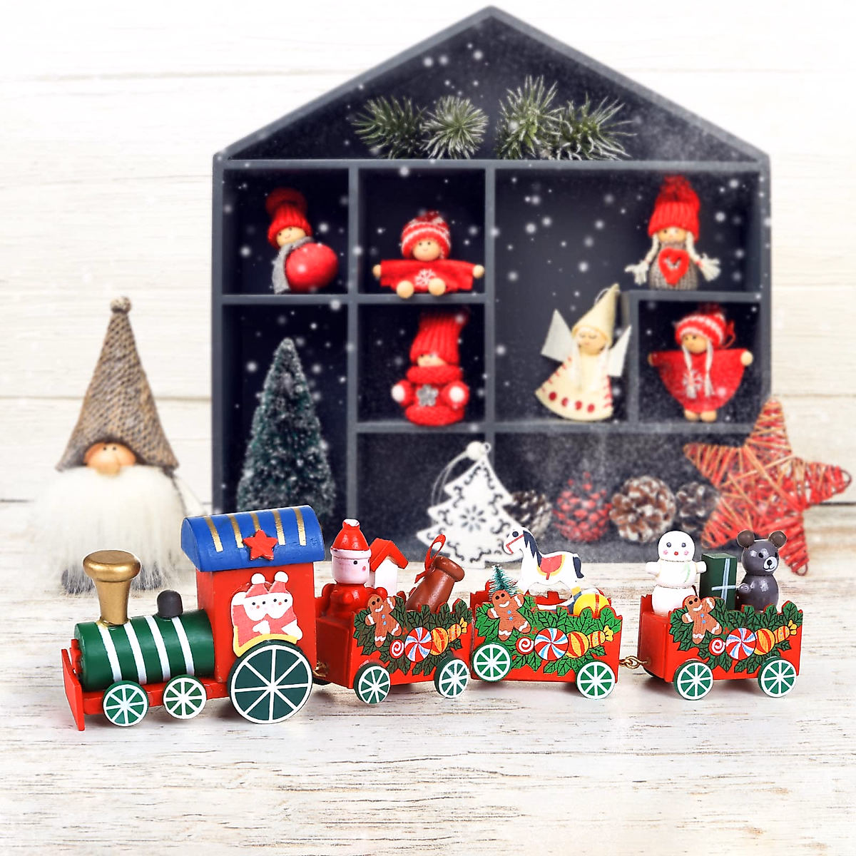 LEMESO Christmas Wooden Train Set, Christmas Train Ornament Toys for Kids, Christmas Gift for Kids