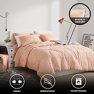 Comfort Spaces Vince Reversible Bed In A Bag - Trendy Casual Geometric Quilted Cover, All Season Down Alternative Cozy Bedding, Matching Sham, Full, Reversible Coral/Gray 9 piece