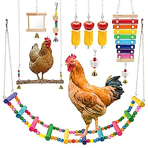 WIOR 9 Packs Chicken Toys for Coop, Chicken Swing Set Chicken Mirror Chicken Ladder Bridge Chicken Xylophone Toys with Bells for Hens, Chicken Vegetable Hanging Feeder for Poultry Rooster Bird Parrot