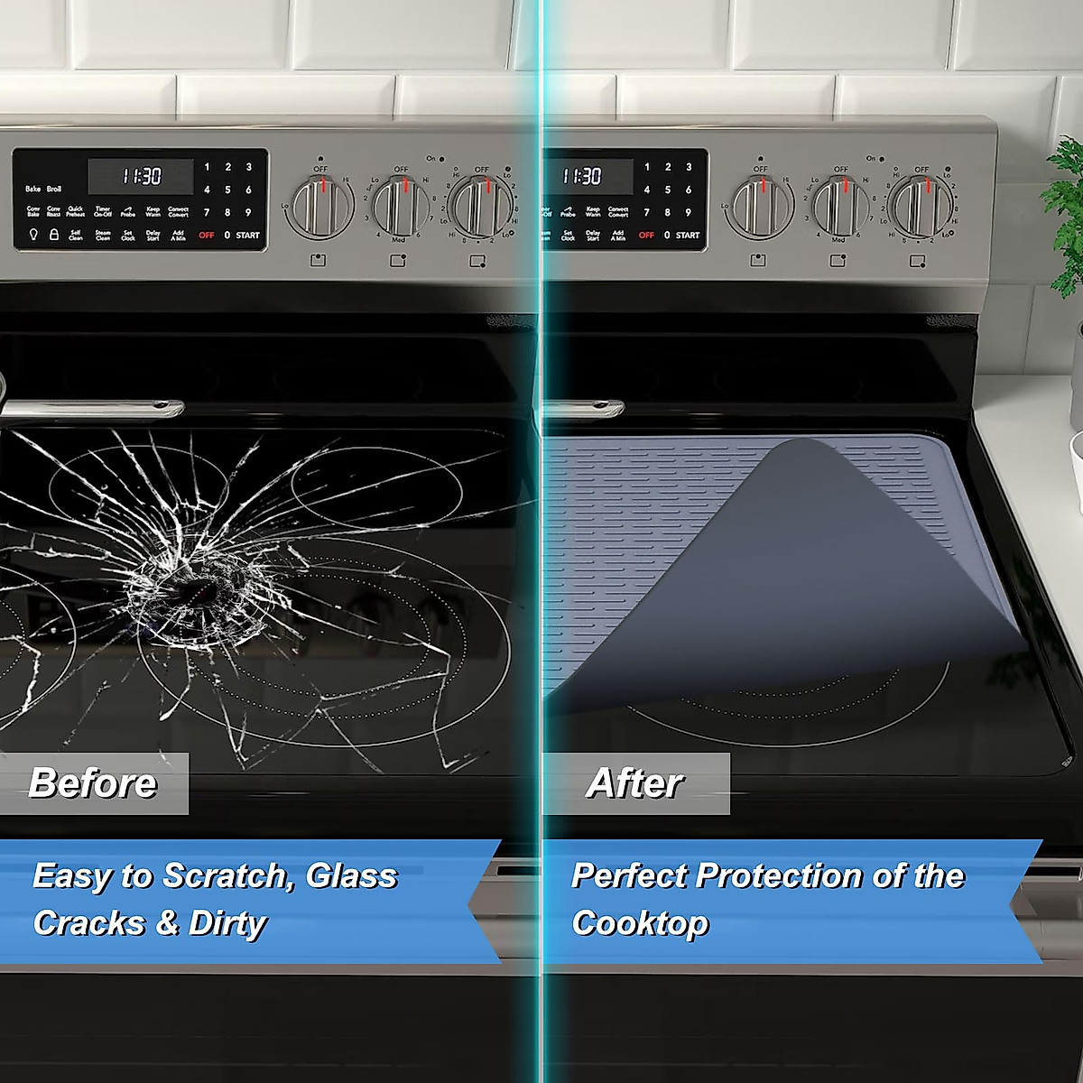 Stove Top Covers for Electric Stove,30" x 21" Silicone Stove Top Mat,Heat Resistant Silicone Stove Top Protector,Foldable Thick Glass Top Protector to Prevent Scratching Grey,with 2 Cleaning Brush