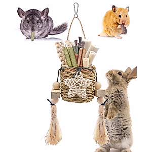 Bissap Bunny Chew Toys, Natural Seagrass Hanging Basket Chews Water Plant Woven Chinchillas Chewing Treats for Rabbits Guinea Pigs Chinchillas Hamsters Rats and Other Small Pets Teeth Grinding Toy