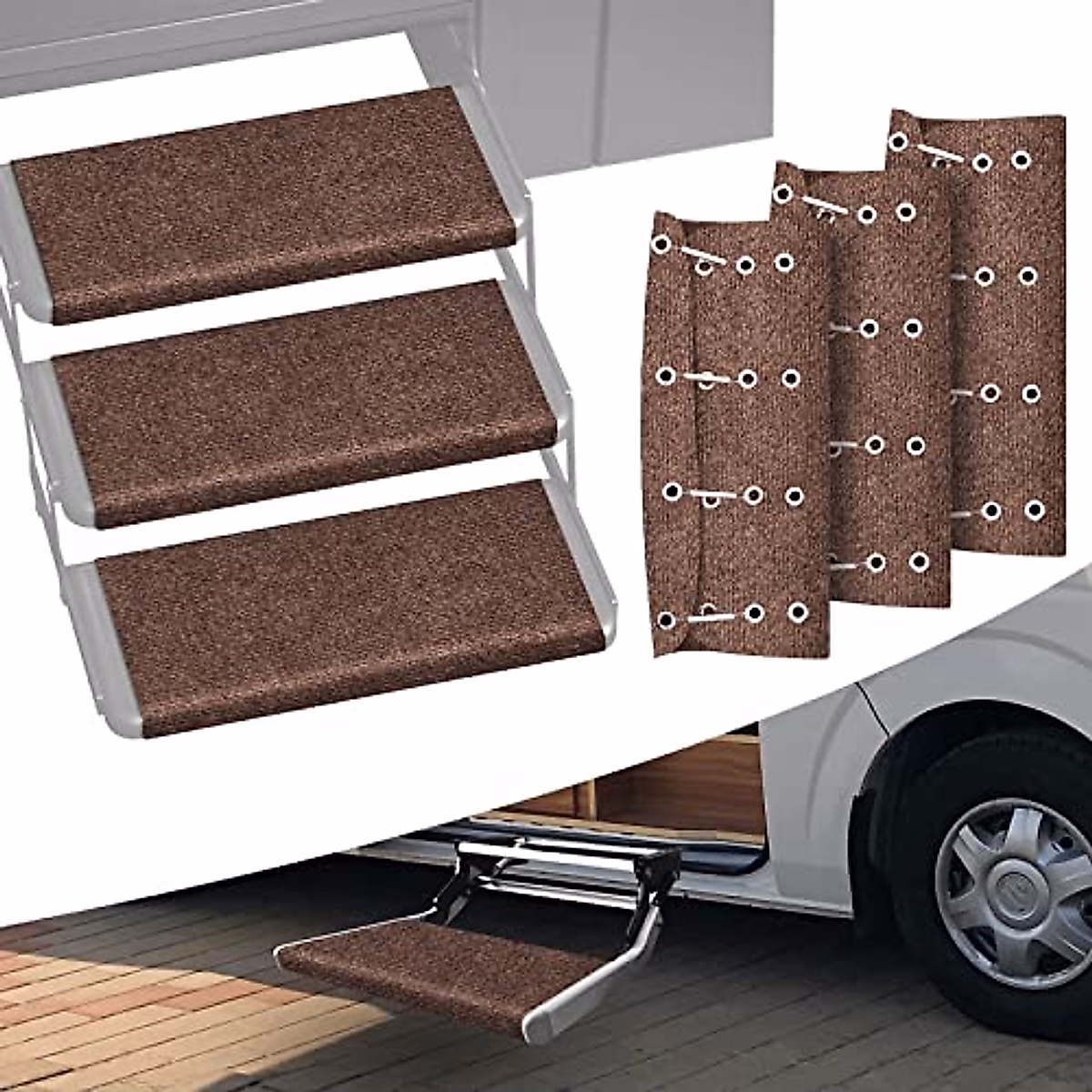 RISTOW RV Step Covers 3 Pack 22" Wide RV Step Rug with Install Hooks Fit 8-11" Deep Camper Step Cover RV Stair Covers Ideal for Wide Radius Steps - Brown