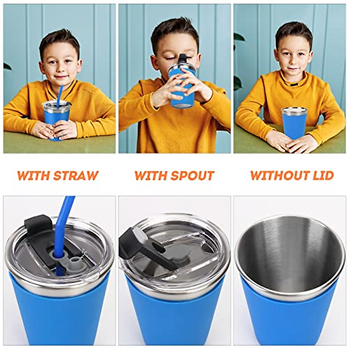 Kids Cups with Lids and Straws, 12oz Spill Proof Drinking Cups Stainless Steel Sippy Cups for Baby, Kids Tumblers with Straws and Lids Toddler Insulated Smoothie Cups Mugs for School, Outdoor, 5 Pack