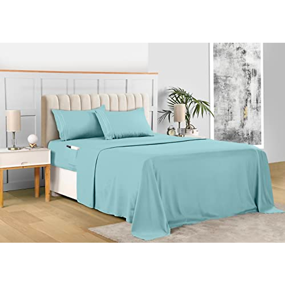Utopia Bedding Full Sheet Set – Soft Microfiber 4 Piece Luxury Bed Sheets with Deep Pockets - Embroidered Pillow Cases - Side Storage Pocket Fitted Sheet - Flat Sheet (Spa Blue)
