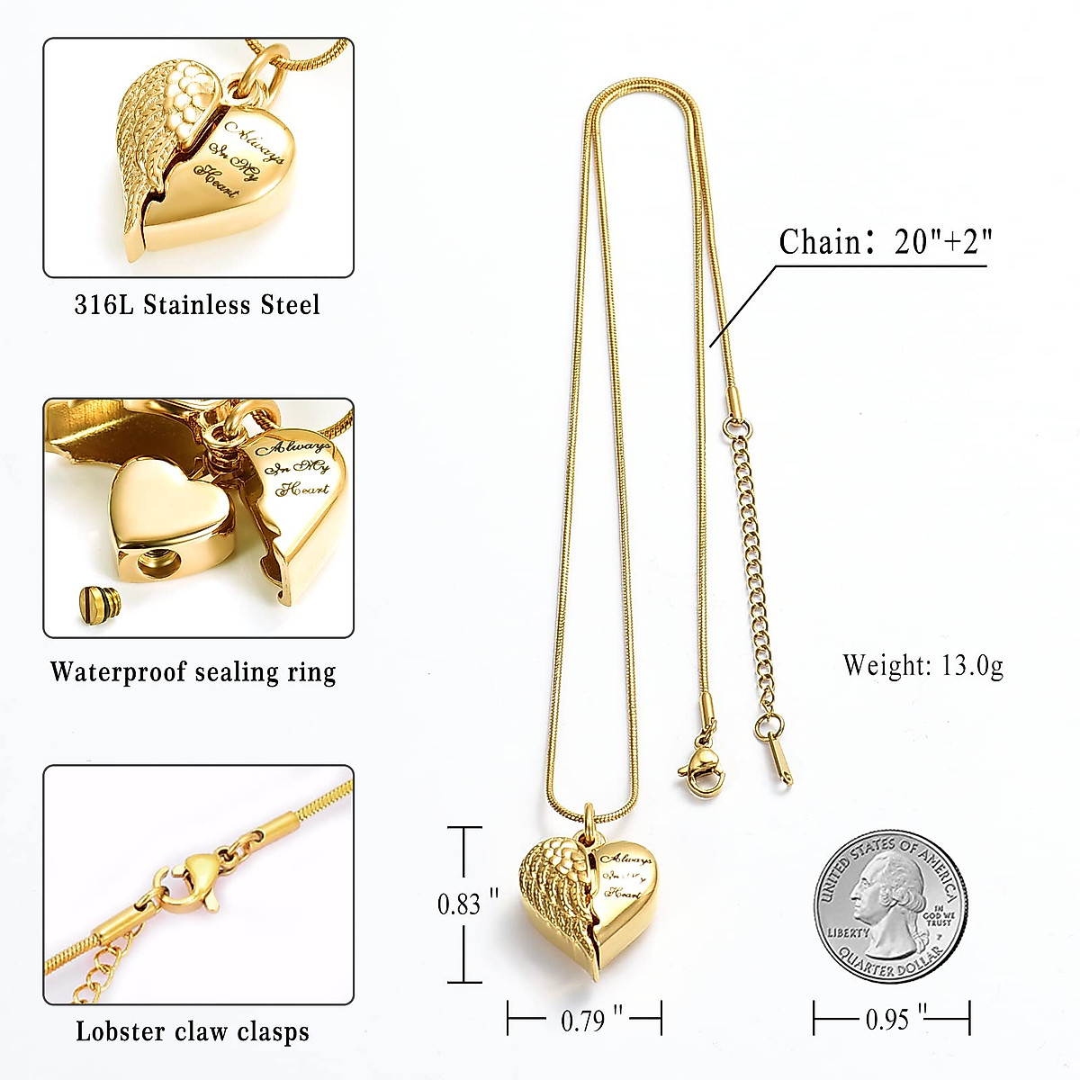 zeqingjw Always in My Heart Urn Necklace Cremation Jewelry for Ashes Pendants Memorial Lockets Keepsake Jewelry (Colorful-2)