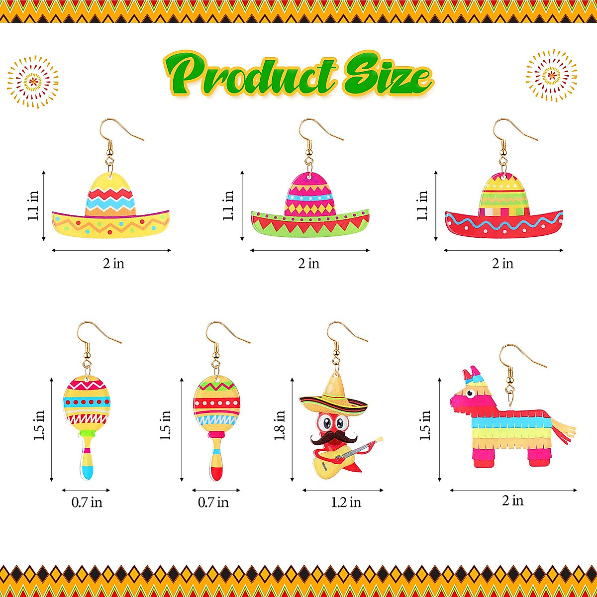 7 Pairs Fiesta Earrings Cinco De Mayo Dangle Earrings for Women, Mexican Themed Acrylic Earrings, Fiesta Party Supplies Sombrero Maraca Pinata Chili Luau Dangle Earrings, Carnivals Event Festivals