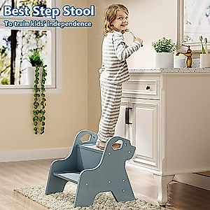 Jemyda 2 Step Stool for Kids, Toddler Step Stool for Bathroom Sink, Non-Slip Kid Stool for Toilet Potty Training, Durable Sturdy Step Stool for Kitchen (Grey Dog)