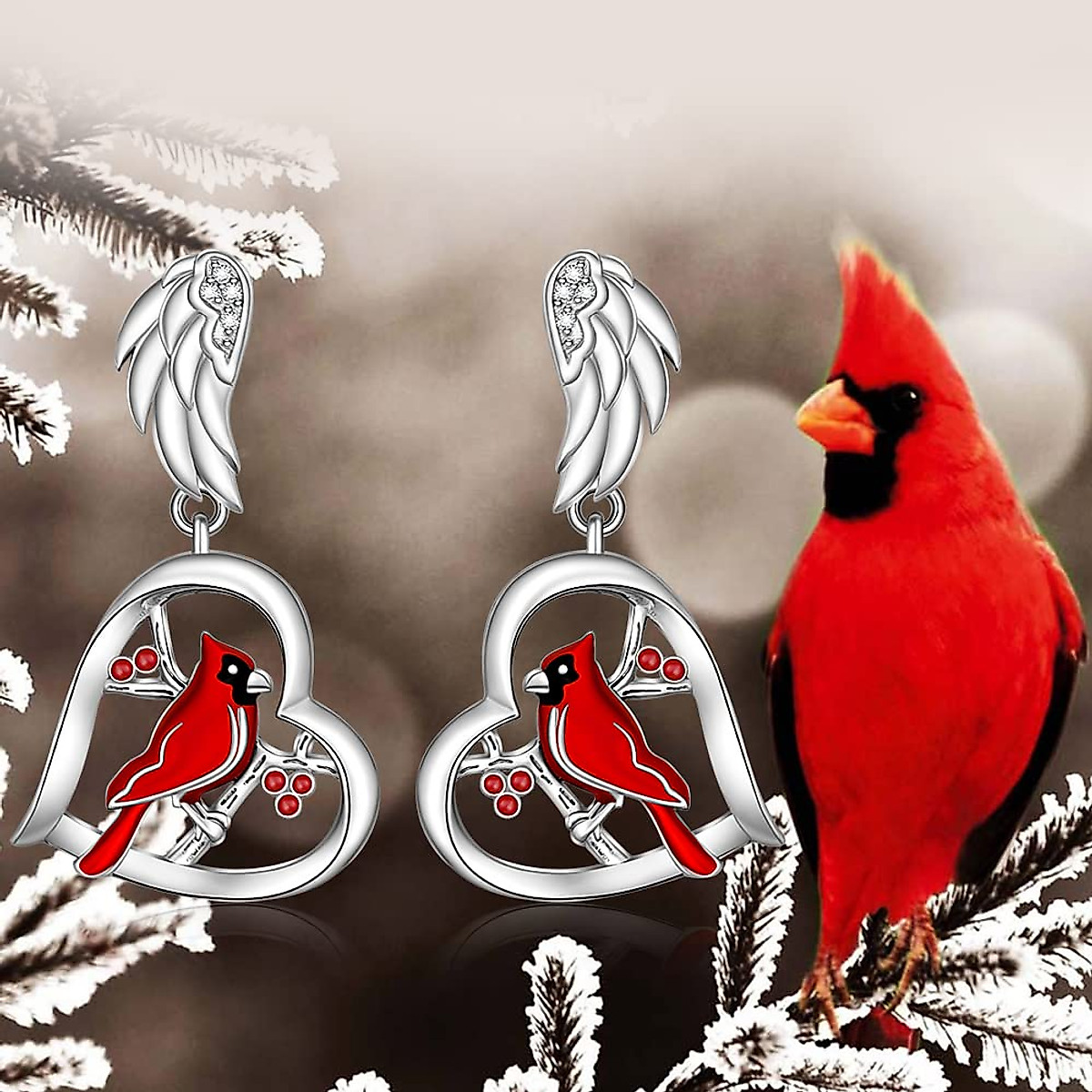 Cardinal Earrings for Women Sterling Silver Cardinal Appear When Angels Are Near Heart Red Bird Jewelry Dangle Memorial Gifts Angel Wing Studs