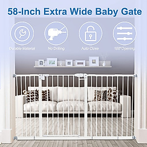 Kinfant Extra Wide Baby Gate - 58-Inch White Doorway & Stair Gate, Tall & Adjustable Extension Pressure Pet Gate, with Extension Kit, Pressure Mount Kit, Wall Cups