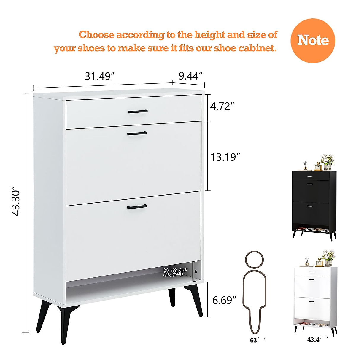 Hosnnile Shoe Cabinet with 1 Slide Drawer & 2 Flip Drawers, Freestanding Shoes Rack Storage Organizer with Metal Legs for Entryway Hallway Bedroom Mudroom (White)