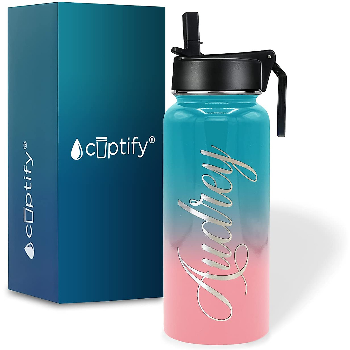 Personalized Water Bottle with Straw Lid on Cotton Candy Ombre for Gym Engraved Custom Women Name 32 oz Modern Insulated Stainless