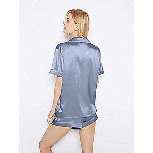 SIORO Women Pajamas Sets Satin Short Sleeve Silk Pajamas for Women, Button Down Sleepwear Soft Pj Sets, Blue Grey, X-Large