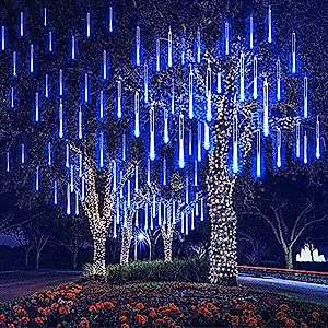 Weepong Meteor Shower Lights Outdoor Christmas Lights UL Certified Falling Rain Lights 12Inch 8Tubes Rain Drop Lights Snowfall Icicle Cascading String Lights for Xmas Holiday Tree Garden Decor Blue