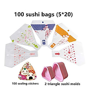 Onigiri Mold, Cute food bag Fashionable sushi bag rice ball packing bag Anti-fog bag Easy tear Sushi packaging bag 100pcs Send stickers 2 triangle molds