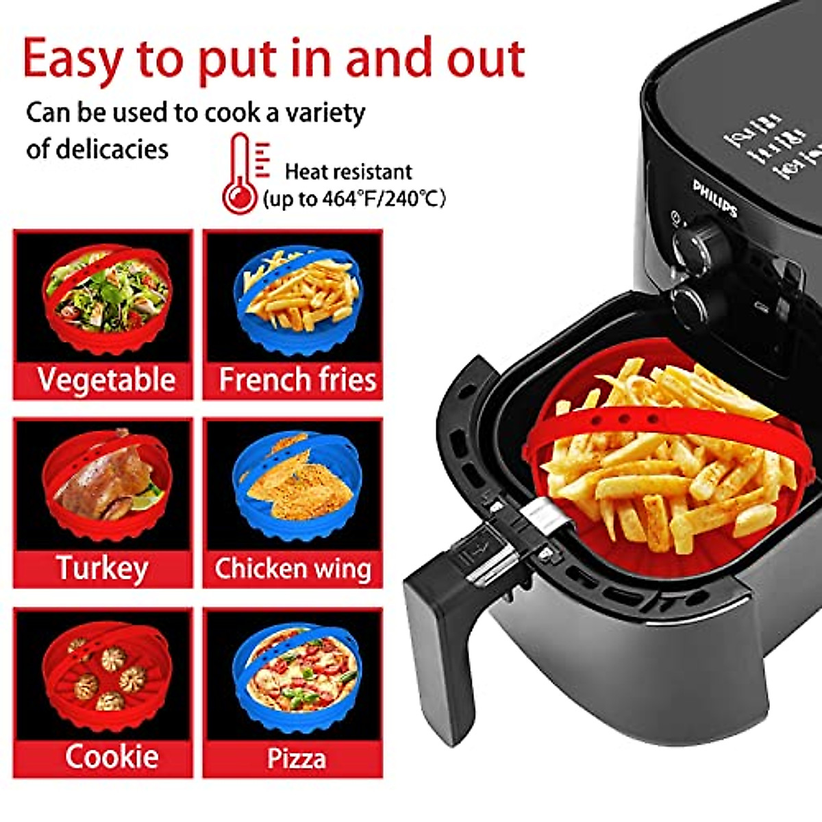 2 Pack Air Fryer Silicone Liners Pot, Reusable Replacement of Flammable Parchment Paper, 8 Inch Non Stick Silicone Bowl for 3 to 5 QT, Foldable Baking Basket for Cooker Accessories,(Round, Blue & Red)